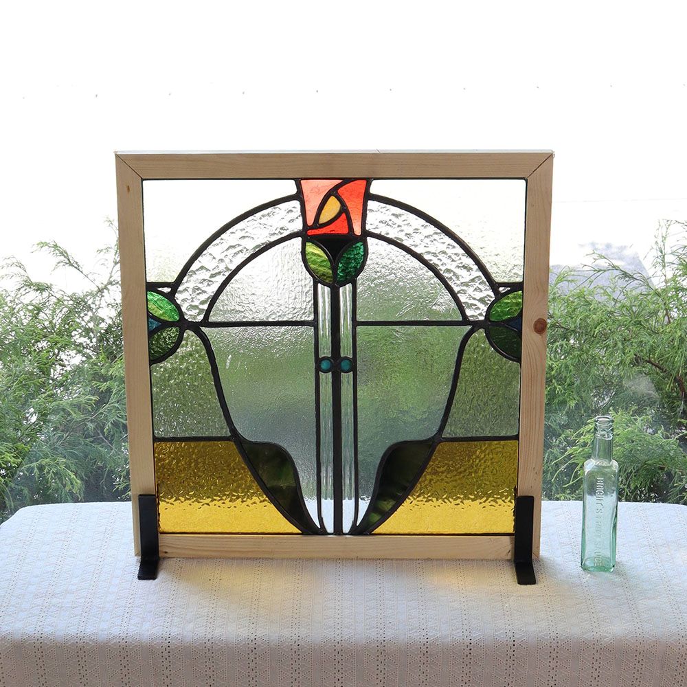 赤い花がモチーフの可愛いデザイン♪ アンティーク・ステンドグラス VC109-012008 – アンティーク家具と雑貨の店 ビクトリアンクラフト